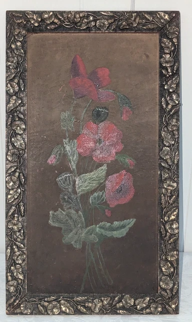 ANTIQUE OIL ON Panel Painting of Red Poppies in Frame $320.77 - PicClick AU