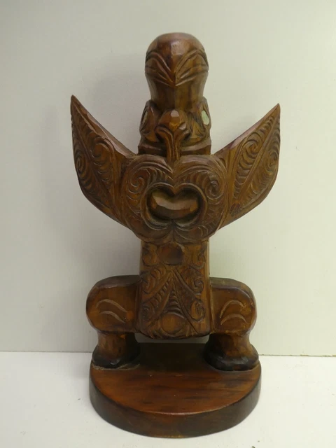 CARVED NEW ZEALAND Oceanic Maori Tiki Winged Totem Statue Paua Shell ...