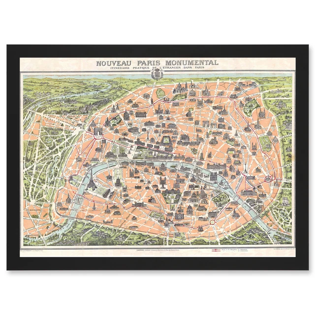 MAP ANTIQUE GARNIER Paris Tourist City Plan A4 Framed Wall Art Print ...