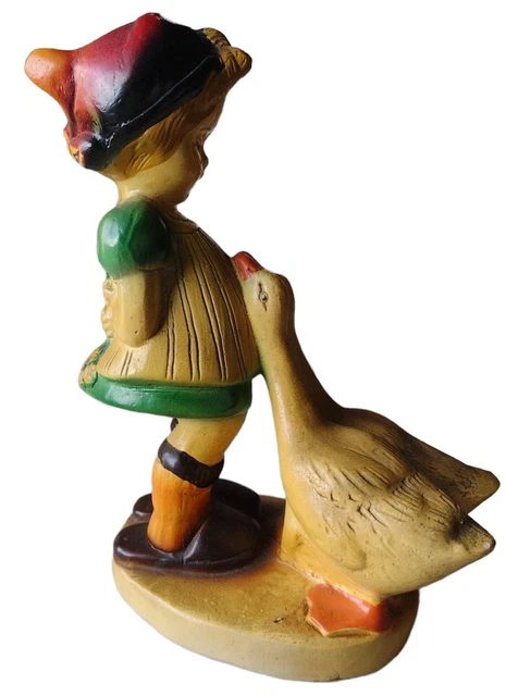 ANTIQUE GIRL GEESE Devon Chalk Ware Pottery Felt 7.5" Hummel Inspired ...
