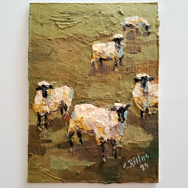 SHEEP PAINTING ORIGINAL Acrylic Artwork Landscape Abstract Modern Small ...