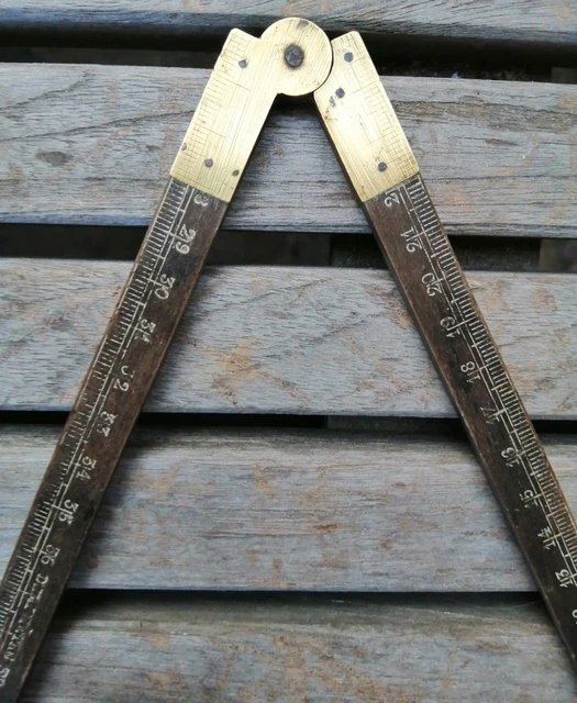 ANCIEN OUTIL PIED de roi demi mètre en bois et laiton instument de ...