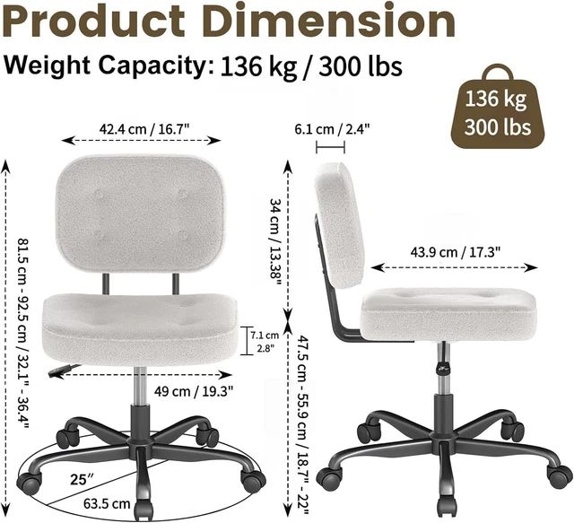 TEDDY FLEECE ARMLESS Home Office Desk Chair, Small Ergonomic Task Chair ...