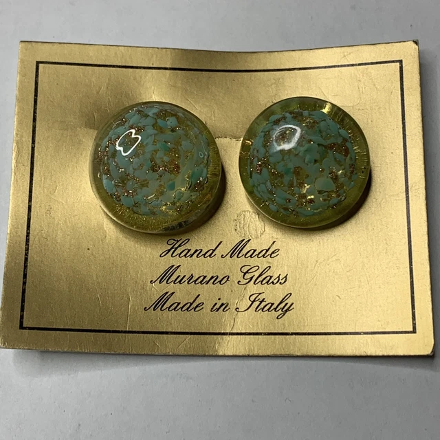 VINTAGE MURANO GLASS Turquoise Gold Glitter Clip On Earrings Hand Made ...