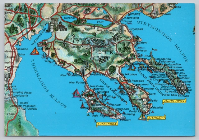 POSTCARD GREECE MAP of Halkidiki Chalkidiki Peninsula Central Macedonia ...