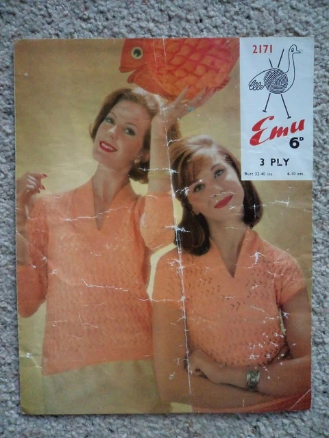 VINTAGE 1950'S EMU Knitting Pattern Lady's V Neck Lacy Sweaters Capped ...