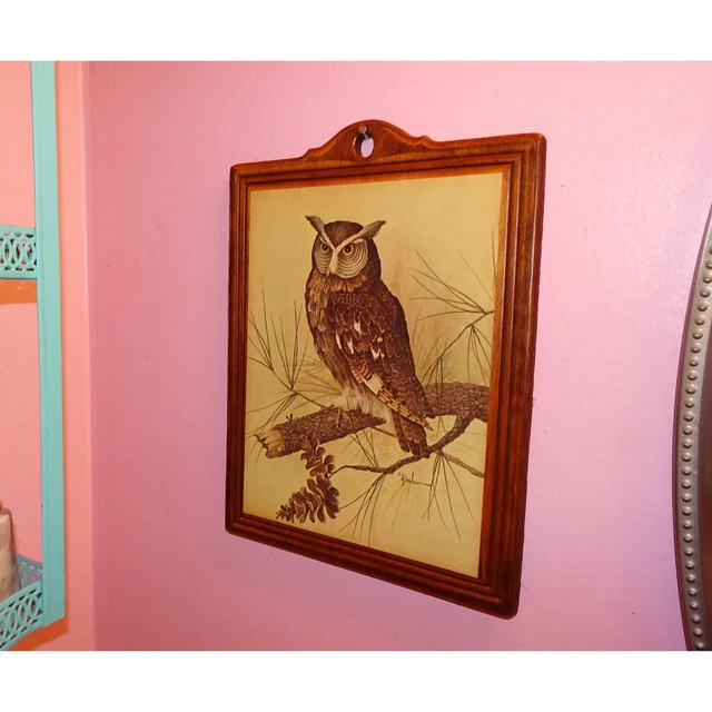 VINTAGE E RAMBOW Great Horned Owl Art on Wood Wall Hanging retro 1970s ...
