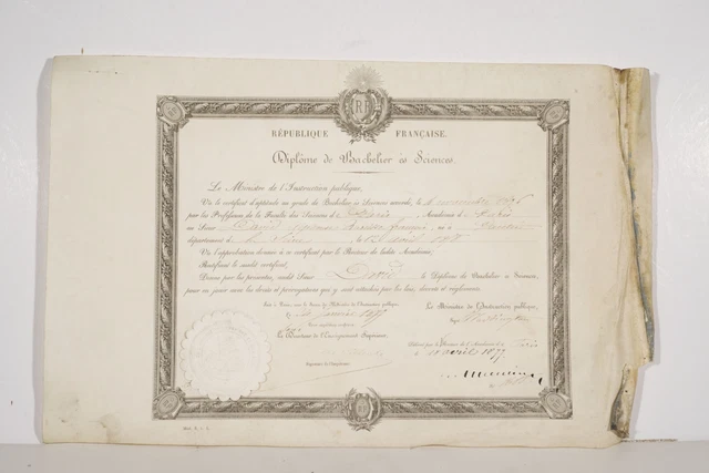 ALPH. DAVID DIPLÔME de BACHELIER ès Sciences Académie de Paris 1877 ...