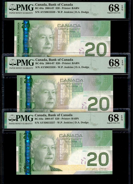 CANADA 🇨🇦 2004 - Three Consecutive $20 Bills BC-64a All Superb Gem UNC ...