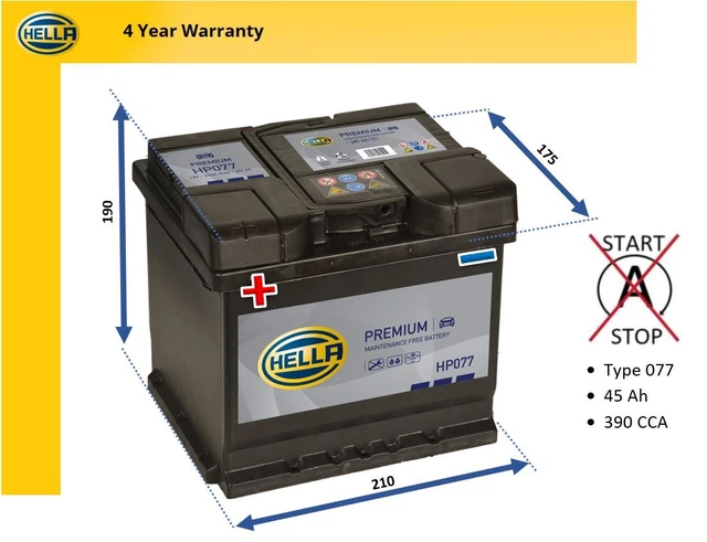 HELLA PREMIUM CAR Battery HP077 Type 077 45AH 390 CCA 4 Year Warranty £ ...