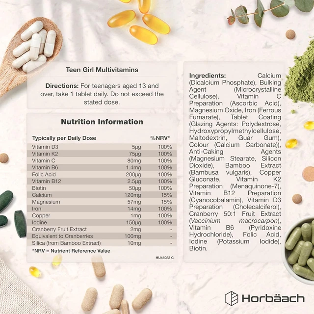 HORBAACH TEEN GIRL Multivitamin Tablets 120 Count with Iron B12 Folic ...