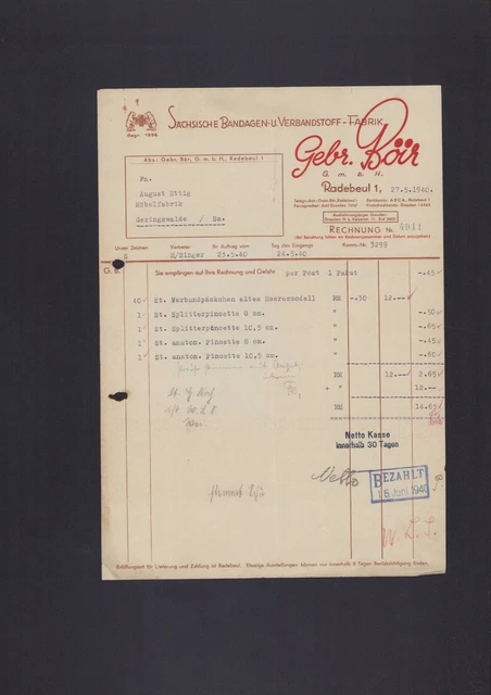 RADEBEUL, RECHNUNG 1940, Gebrüder Bär Bandagen-Verbandstoff-Fabrik EUR ...