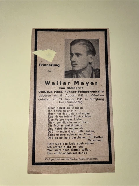 STERBEBILD 2. WELTKRIEG Panzer Funker Feldherrnhalle Unteroffizier ...