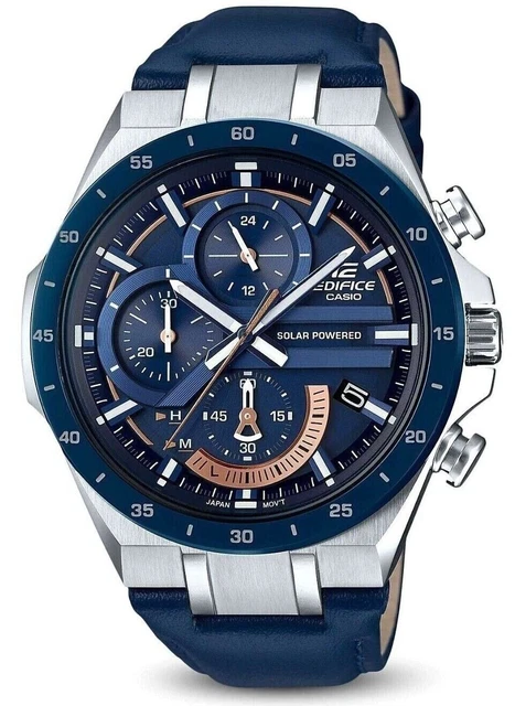 RARE MENS CASIO Ediface Solar Power Blue Dial Leather Strap Chronograph ...