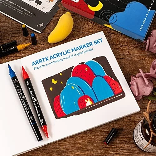 ARRTX ACRYLIC PAINT Pens, 32 Colours Brush and Fine Tips Acrylic ...
