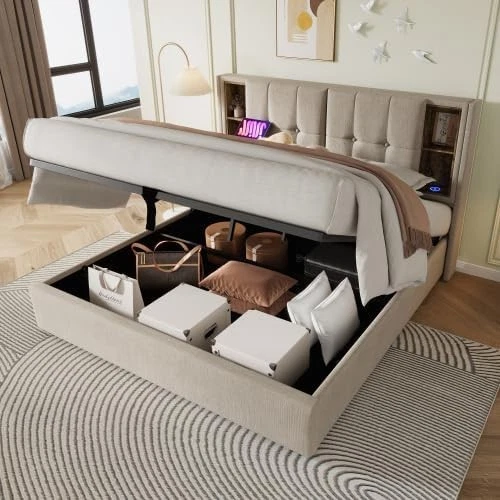 5FT KING SIZE Bed Frame with Hydraulic Lever&Storage Headboard Linen ...