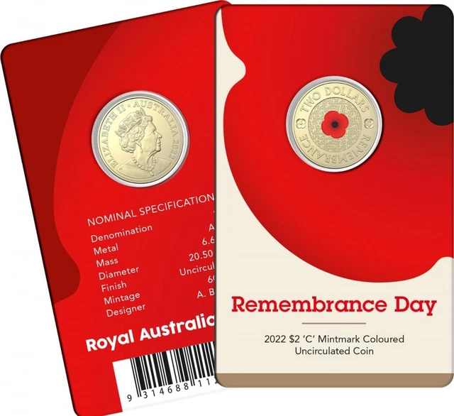 2022 $2 COIN, Remembrance Day, ANZAC Red Poppy, UNC, C Mint Mark $1.25 ...