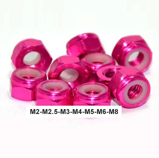 M2 M2.5 M3 M4 M5 M6 M8 Pink Aluminum Alloy Hex Nyloc Nylon Insert Locking Nuts EUR 1,77 ...