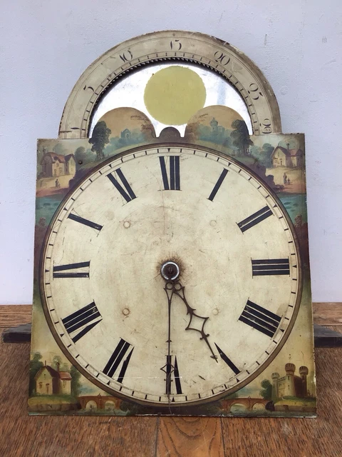 ANTIQUE LONGCASE GRANDFATHER CLOCK FACE & MOVEMENT WITH SUN / MOON DIAL ...