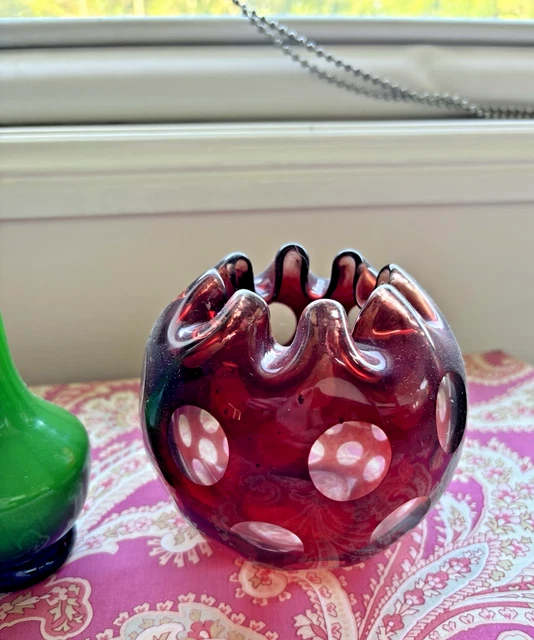 RUBY RED CUT to clear vase & green ruffled edge art glass vase both mid ...