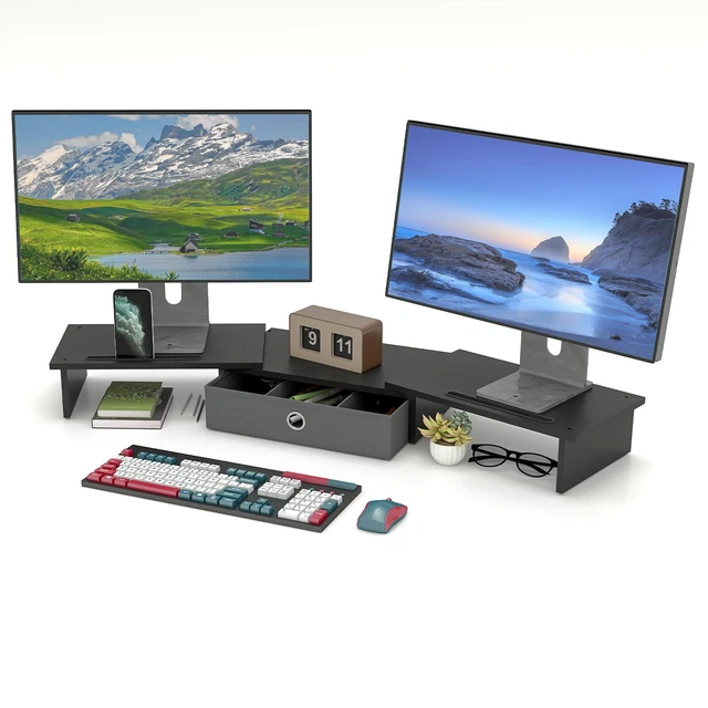 DUAL MONITOR STAND Riser with Drawer for Desk Wooden Computer Monitor ...