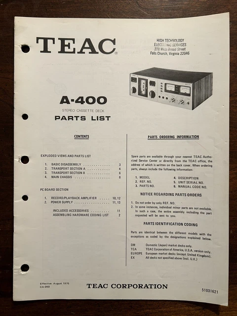 TEAC A-400 STEREO Cassette Tape Deck Parts List OEM Vintage Diagrams ...