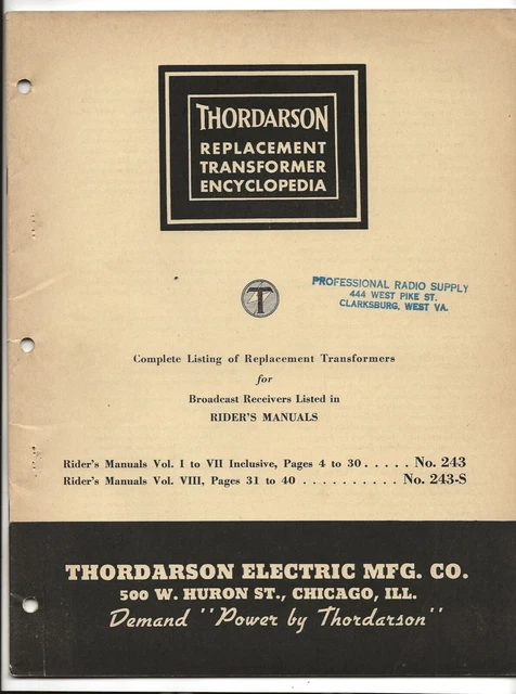 1938 THORDARSON REPLACEMENT Transformer Encyclopedia-Chicago IL $34.50 ...