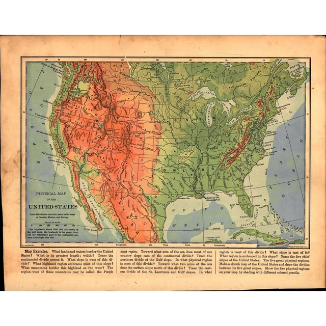 PHYSICAL MAP OF The United States 1901 Map V14-1 £25.88 - PicClick UK