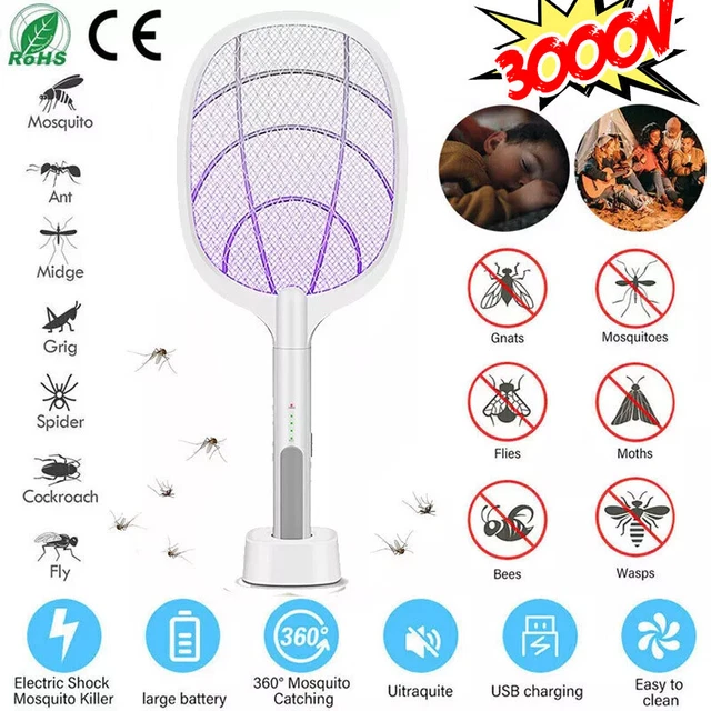 2IN1 BUG ZAPPER Racket Fly Killer Electric Wasp Mosquito Insect Pest ...