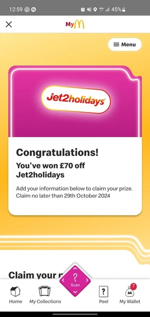 MCDONALDS MONOPOLY 2024 Jet2 Jet2Holidays £70 Off Voucher £35.00 ...