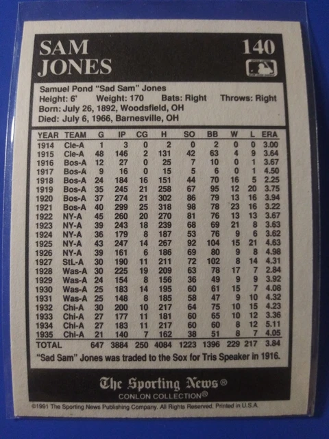 1991 THE SPORTING News Conlon Collection Sam Jones Card #140 Boston Red ...