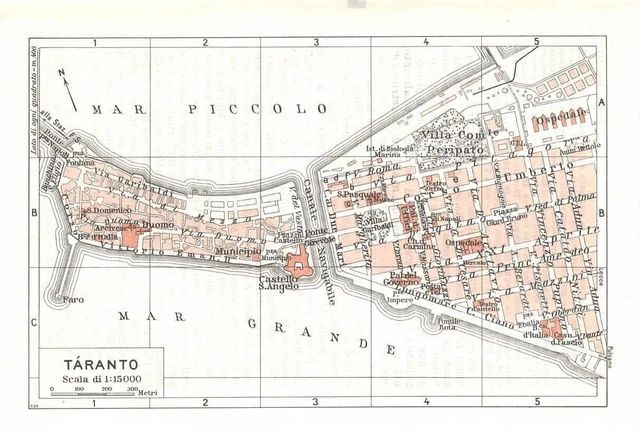 CARTA GEOGRAFICA ANTICA TARANTO pianta della città TCI 1940 Antique map ...