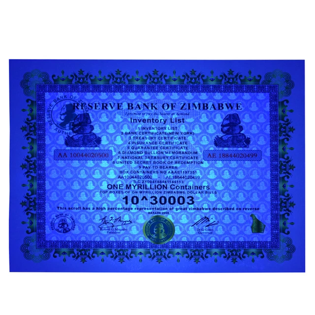 ZIMBABWE ONE MYRILLION Containers Certificate 10^30003 Banknote With UV ...