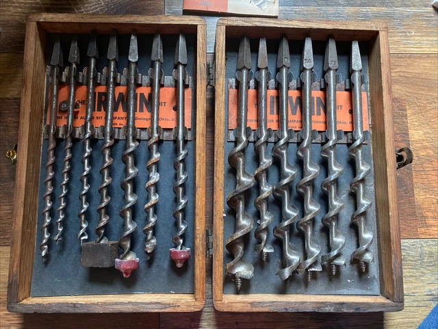 VINTAGE IRWIN 13 Piece Carpenter's Auger Bit Set in Dovetail Wood Case ...