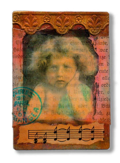 COLLECTABLE ACEO ORIGINAL collage little blonde girl copper music text ...
