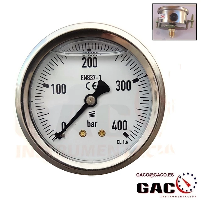 MANOMETRO DE PRESION 400 Bar 63mm 1/4" CON GLICERINA CAJA INOX BRIDA POSTERIOR EUR 27,00 ...