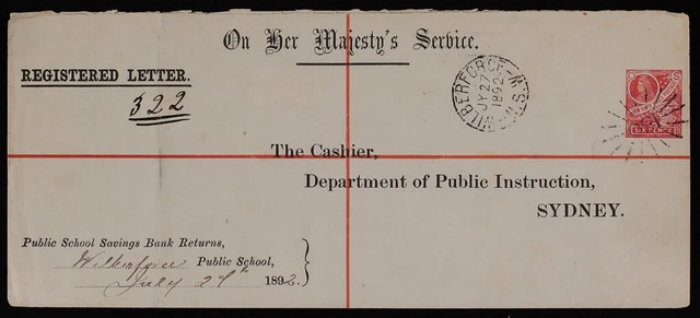 NEW SOUTH WALES Registered Official Envelope 1892 use of Centennial QV ...