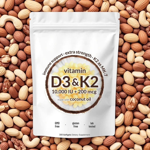 VITAMIN D3 10000 Iu Plus K2 (MK-7) 200 Mcg, 300 Virgin Coconut Oil ...