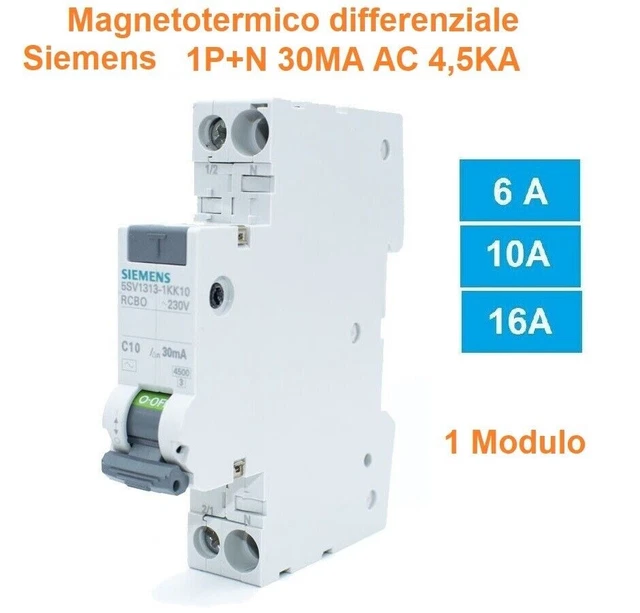 SIEMENS INTERRUTTORE MAGNETOTERMICO Differenziale 6A 10A 16A 1P+N 30Ma 1 Modulo EUR 23,95 ...