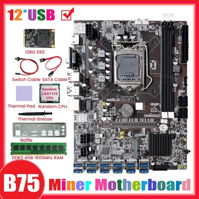 CARTE MÈRE B75 12GPU Mining+CPU AléAtoire+DDR3 4 Go 1600Mhz +128G SSD Supp2079 EUR 98,39 ...