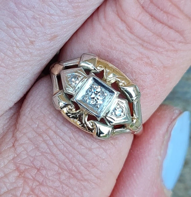 ANTIQUE EDWARDIAN ART Deco Solid 18ct Gold 750 Diamond Gypsy Trilogy ...