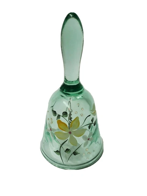 VINTAGE FENTON GREEN Glass Bell Hand Painted Signed S Miller ...