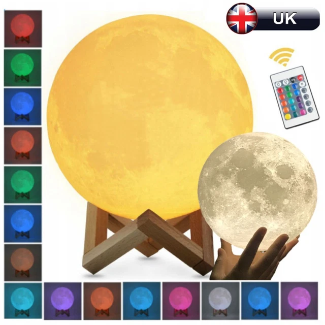 MOON LAMP NIGHT Light with Wooden Stand & Remote 16 Colour Changing ...