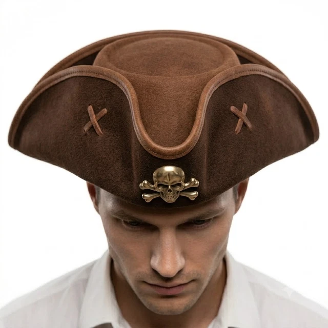 MEN'S BROWN PIRATE Tricorn Costume Hat Western Pirate Style Leather Top ...