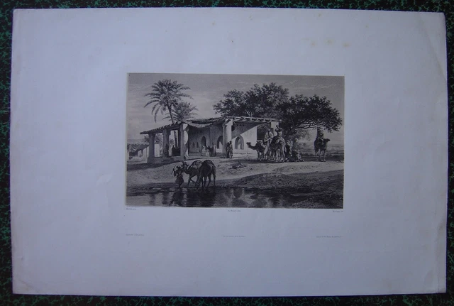 GRANDE LITHOGRAPHIE DE Mouilleron OASIS dans le désert Arabes Bédouins ...