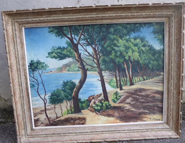GRAND TABLEAU ANCIEN, peinture huile sur toile paysage de bord de mer du Capelan EUR 90,00 ...