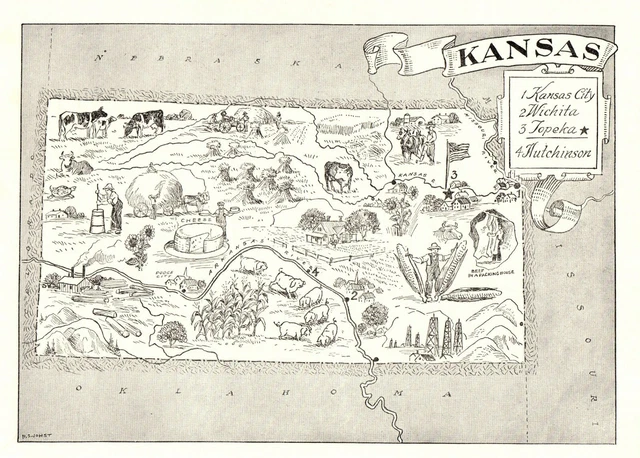 1950S VINTAGE KANSAS State Map Animated Map of Kansas Picture Map BW ...