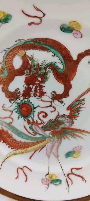 RARE ANTIQUE RED Dragon & Phoenix Hand Painted Gold Rim 10" Plate ...