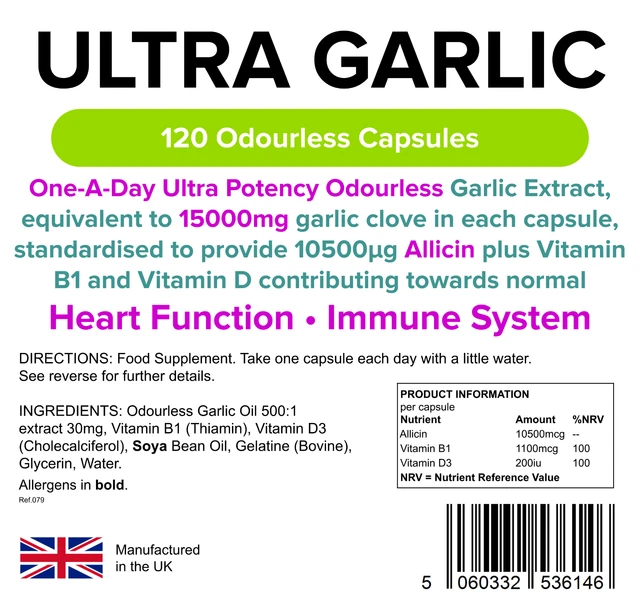 LINDENS ULTRA GARLIC 15000mg with Vitamin B1 & D3 120 Odorless Capsules ...