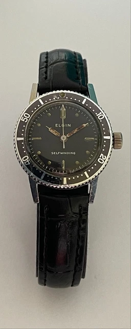 VINTAGE ELGIN DIVER Watch Ladies Self winding ELGIN 3920 Swiss Black ...